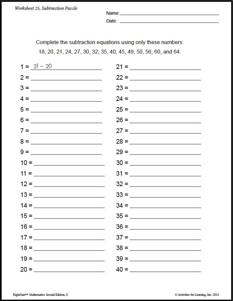 RS2 Level C, Lesson 53: Subtraction Puzzle - RightStart™ Mathematics by ...